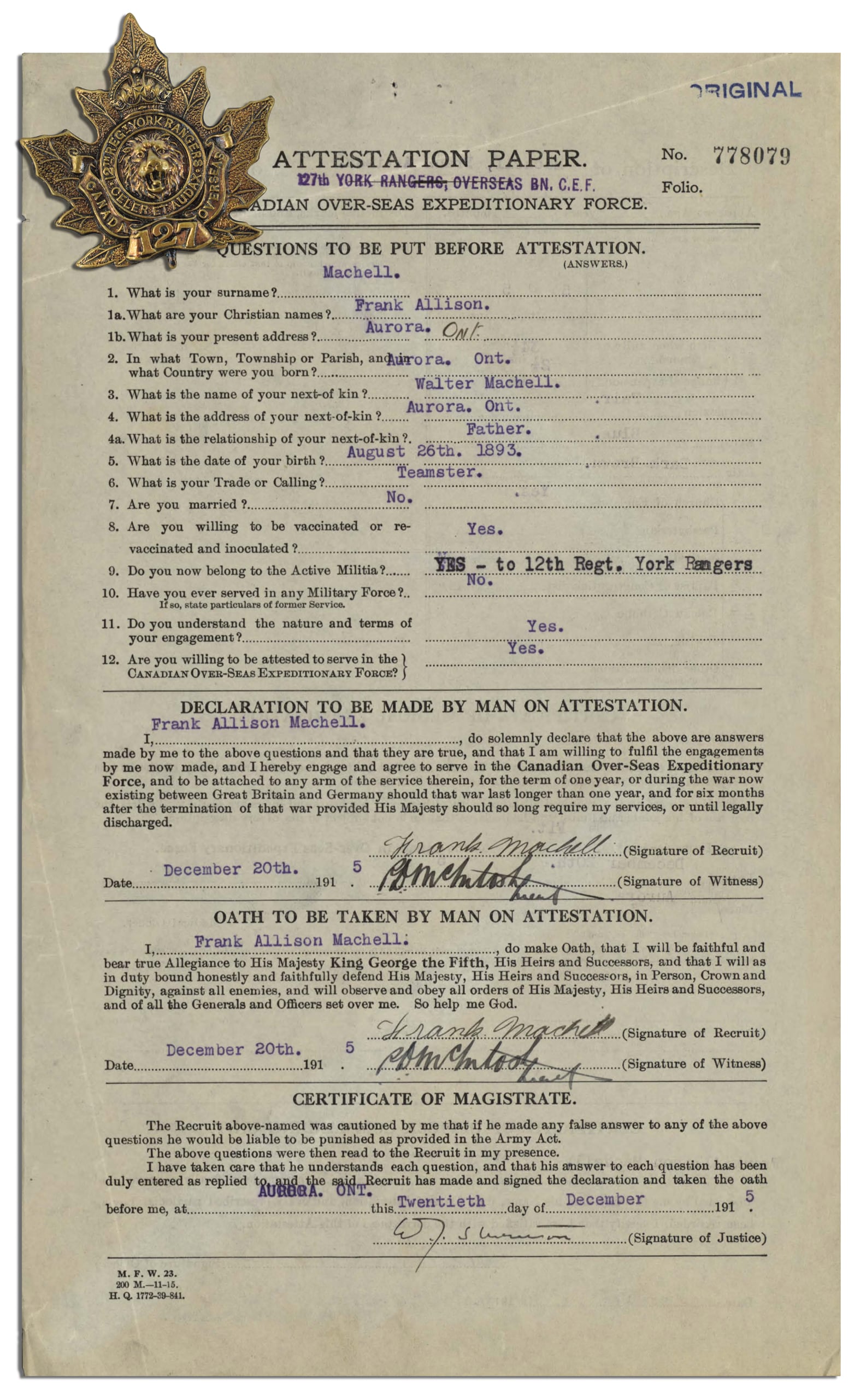 Attestation document and cap badge - Aurora Sports Hall of Fame